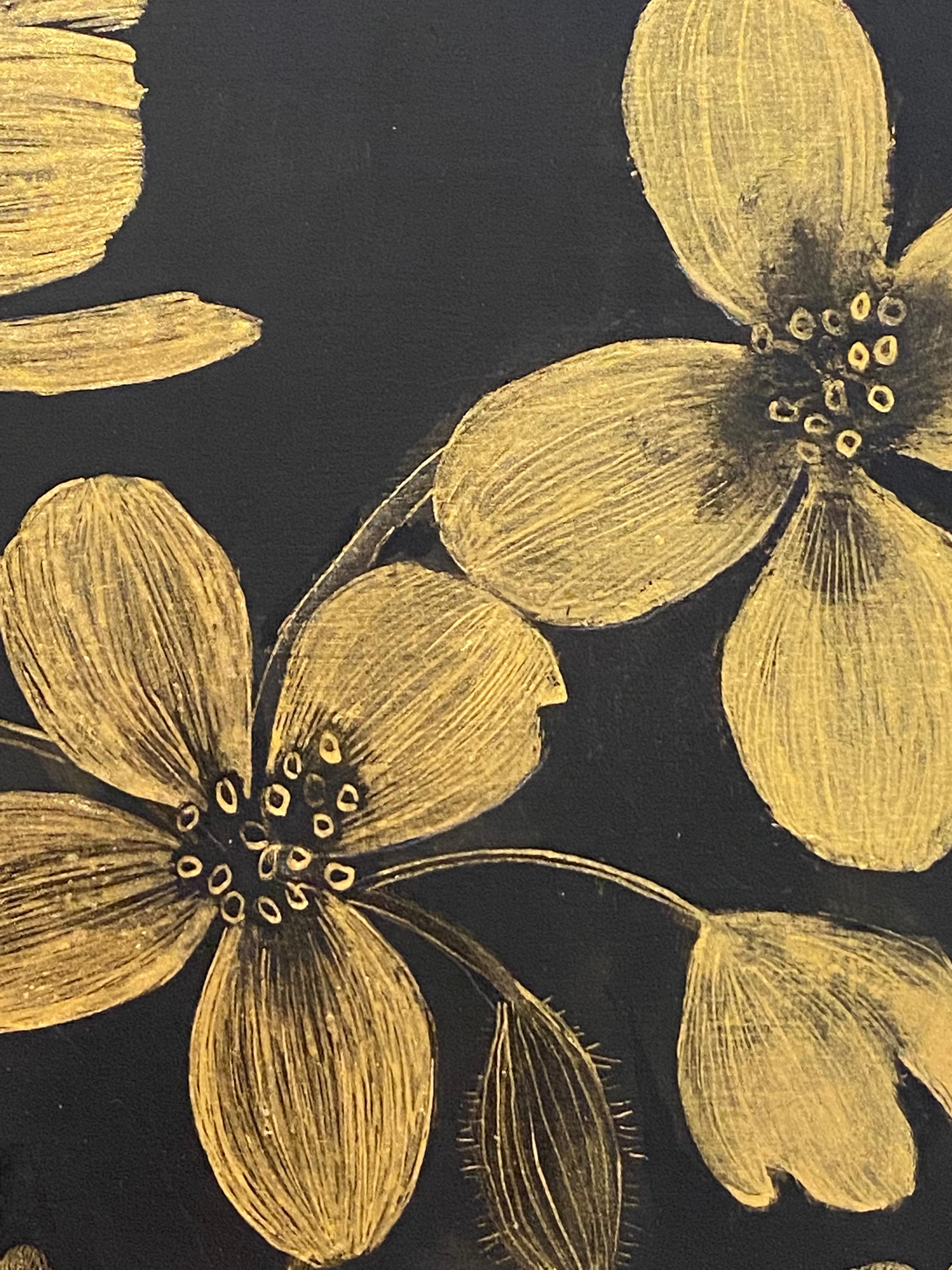 Margot Glass - Celandine Two, Botanical Painting Black Panel, Gold Flowers, Leaves, Stem, Buds ...