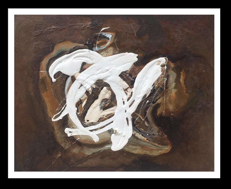 Maria Asuncion Raventos - white on ocher original abstract mixed media ...