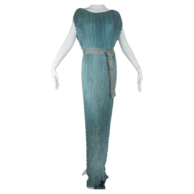 Mariano Fortuny Blue Pleated Delphos Silk Dress w/ Stenciled Belt at ...