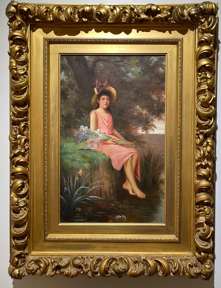 Marie Mathieu - Antique Impressionist Girl in Pink Dress w/ Floral Hat ...