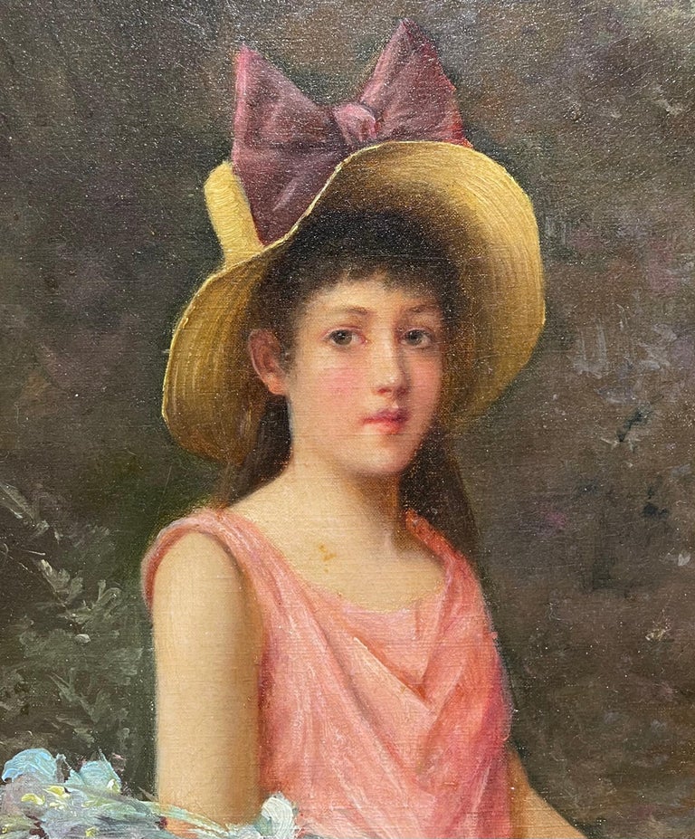 Marie Mathieu - Antique Impressionist Girl in Pink Dress w/ Floral Hat ...