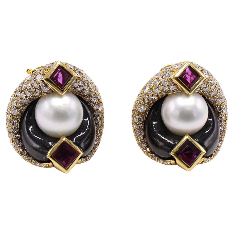 Marina B 1980s Diamond Onyx Pearl Ear Clips For Sale at 1stDibs