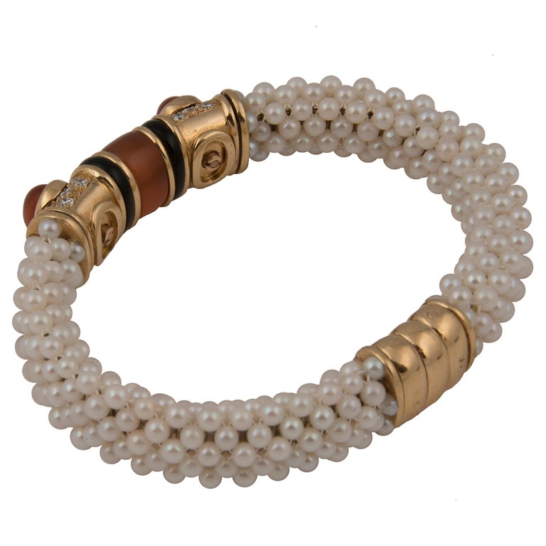 Marina B 'Bulgari' 18k Gold Cultured pearl Diamond and Cornaline Bangle ...