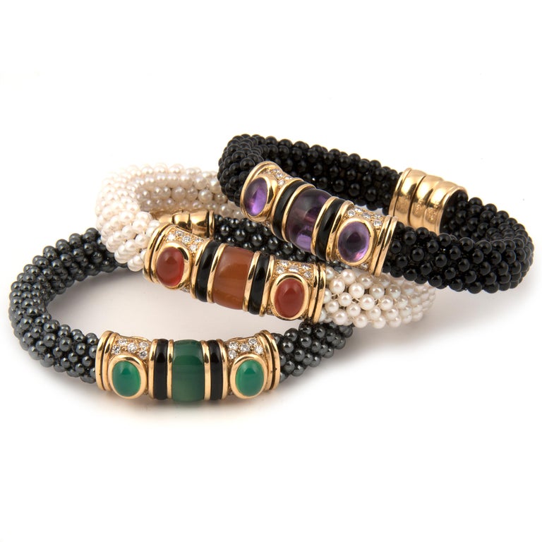 Marina B 'Bulgari' 18k Gold Cultured pearl Diamond and Cornaline Bangle ...