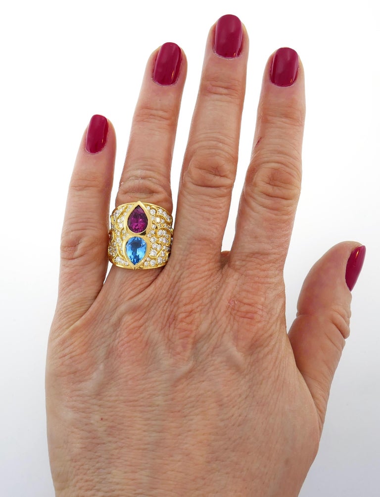 Vintage Marina B 18k Gold Ring with Blue Topaz Tourmaline Diamond For ...