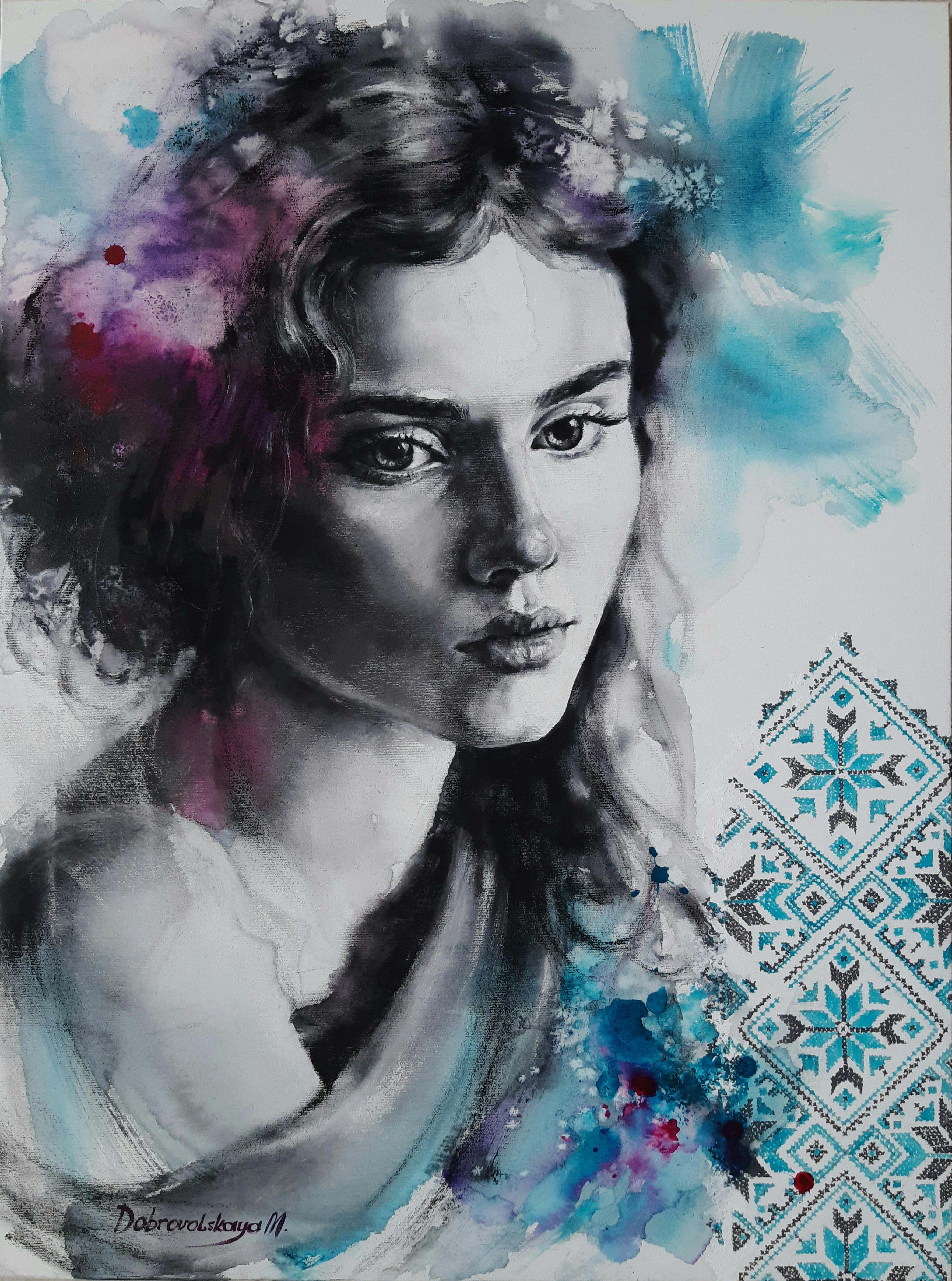 Marina Dobrovolskaya - Ukrainian Winter - Portrait Painting Red Yellow ...