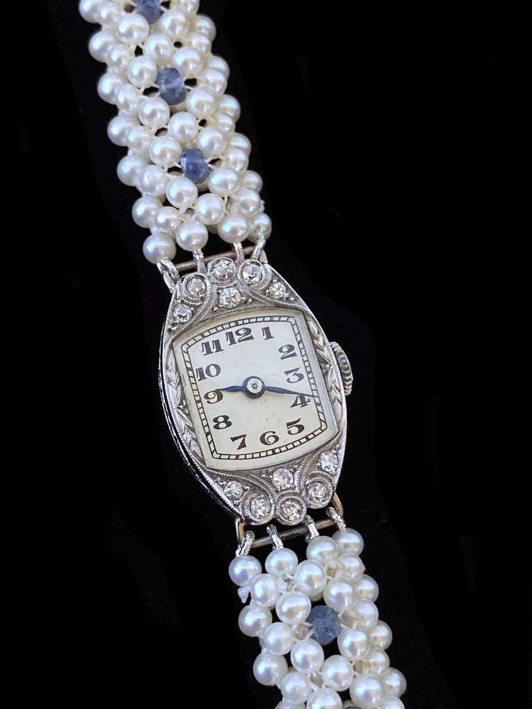 Marina J. Antique French Platinum Diamond Watch with Blue Sapphires and ...