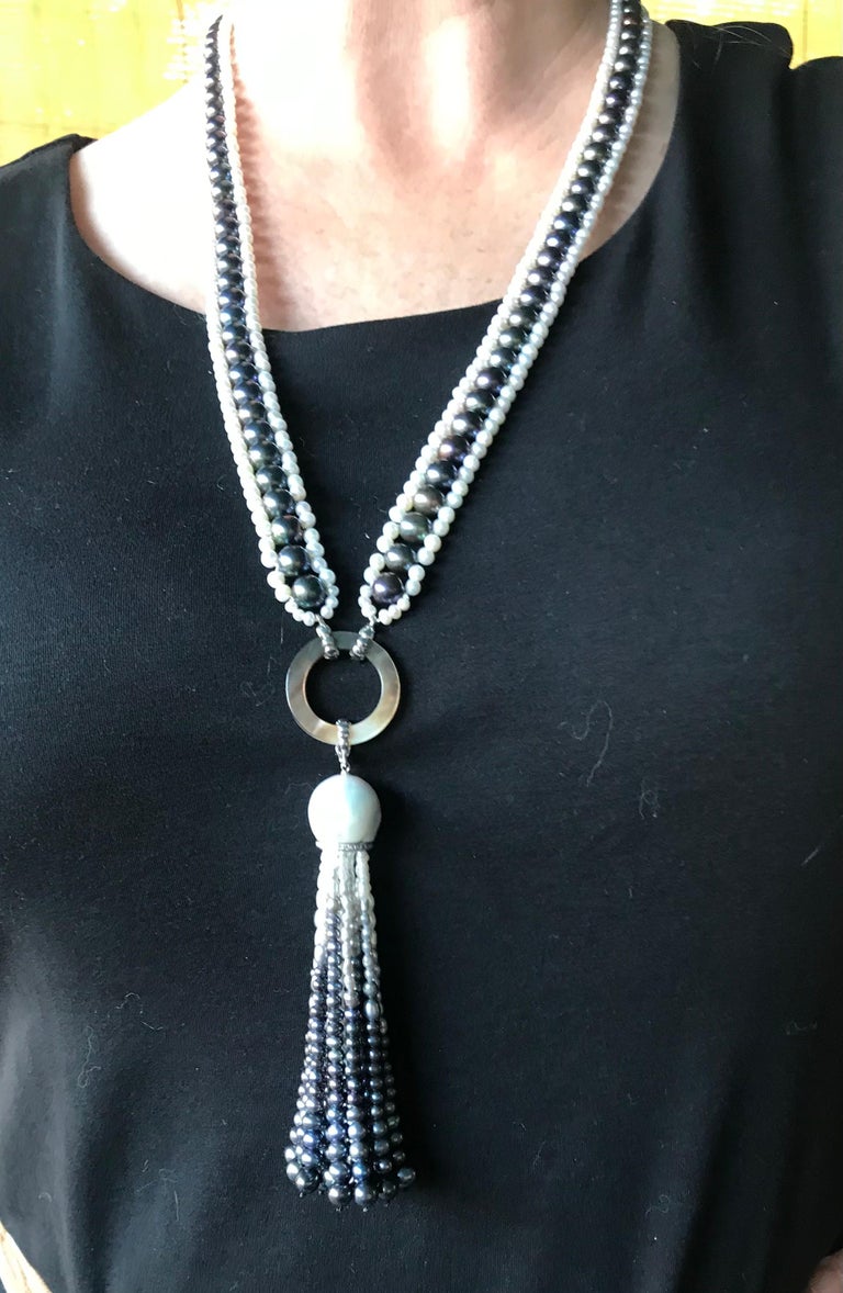 Marina J. Black and White Woven Pearl Sautoir with Abalone Shell and ...