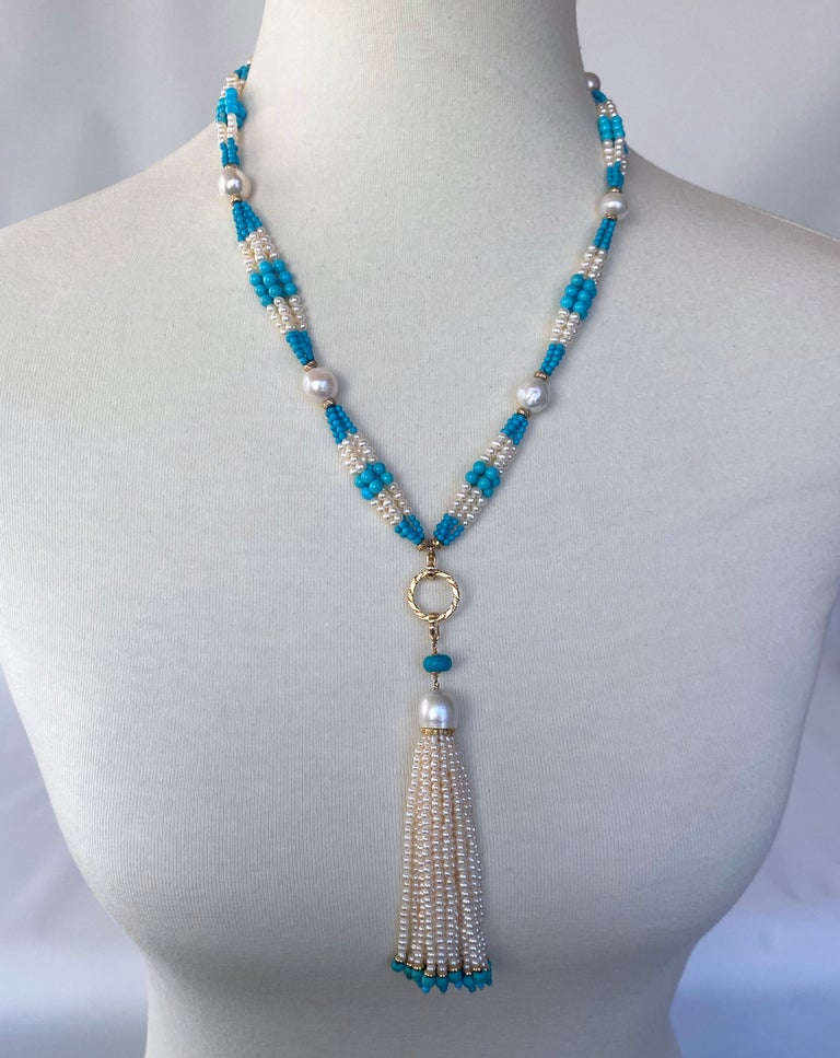 Marina J. Graduated Pearl, Turquoise and 14k Yellow Gold Sautoir with ...