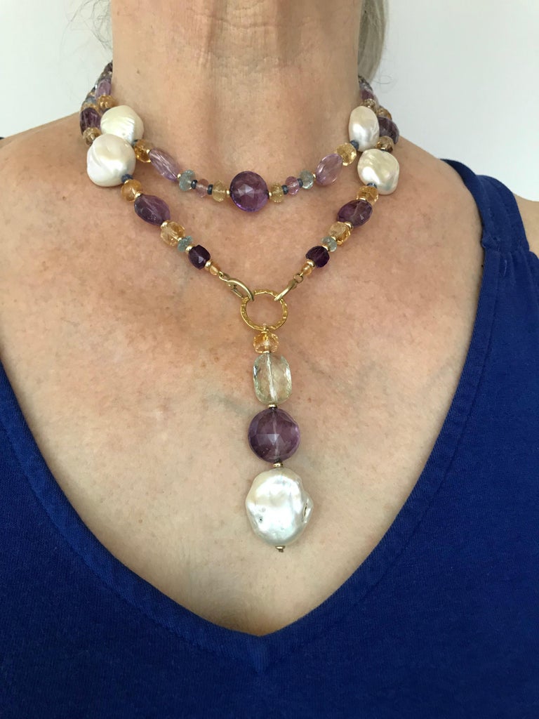 Marina J. Multi Jewel and Pearl Sautoir with Drop Tassel and 14K Yellow ...