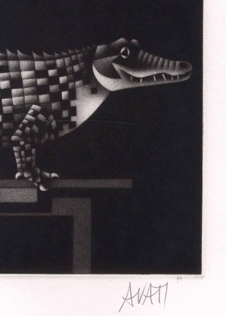 Mario Avati - Alligator (a gator with tail in air is on a small table ...