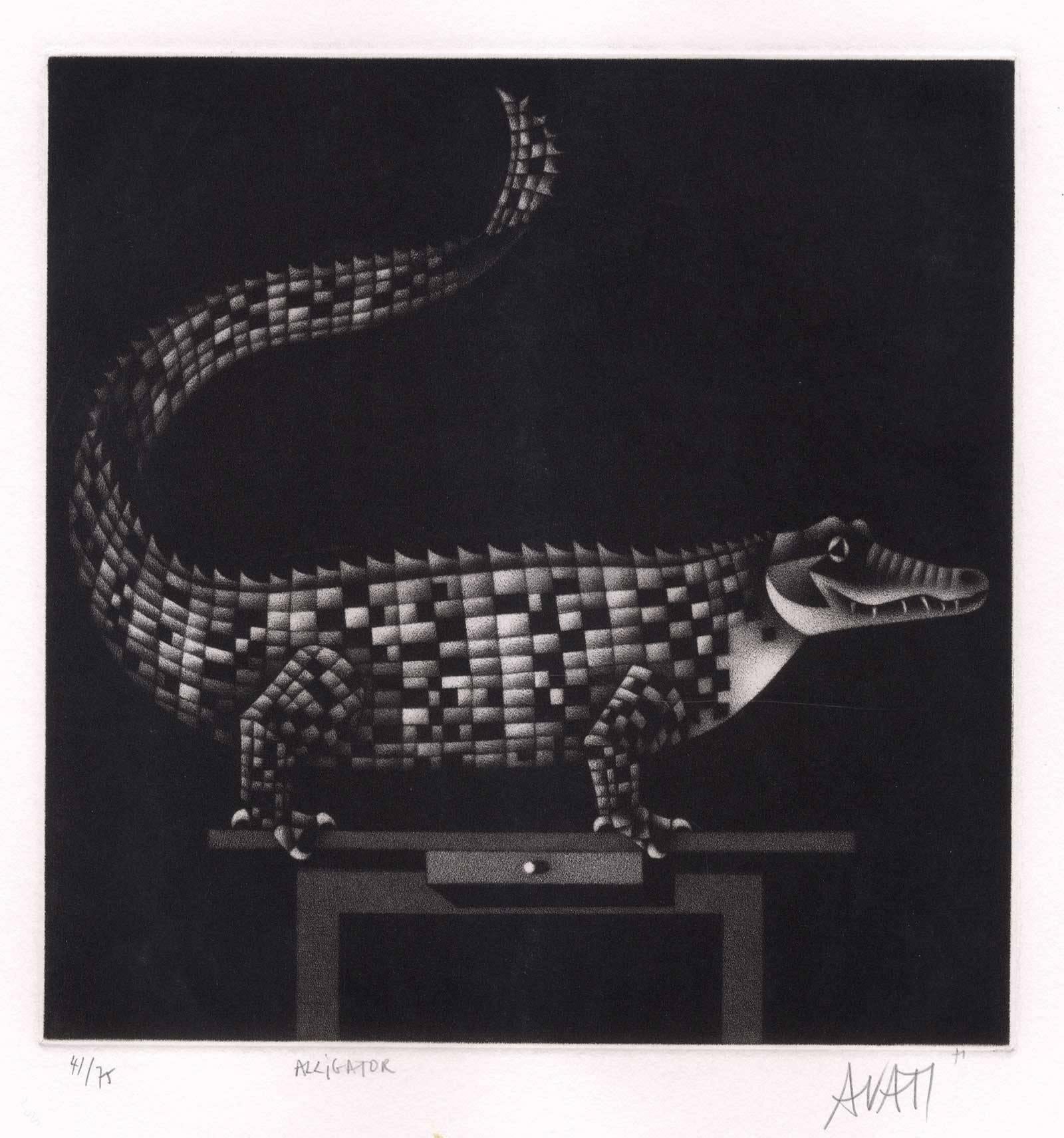 Mario Avati - Alligator (a gator with tail in air is on a small table ...