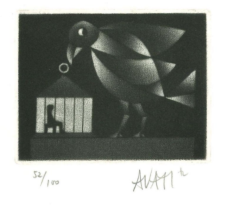Mario Avati - Bird and Cage - Original Etching on Paper by Mario Avati ...