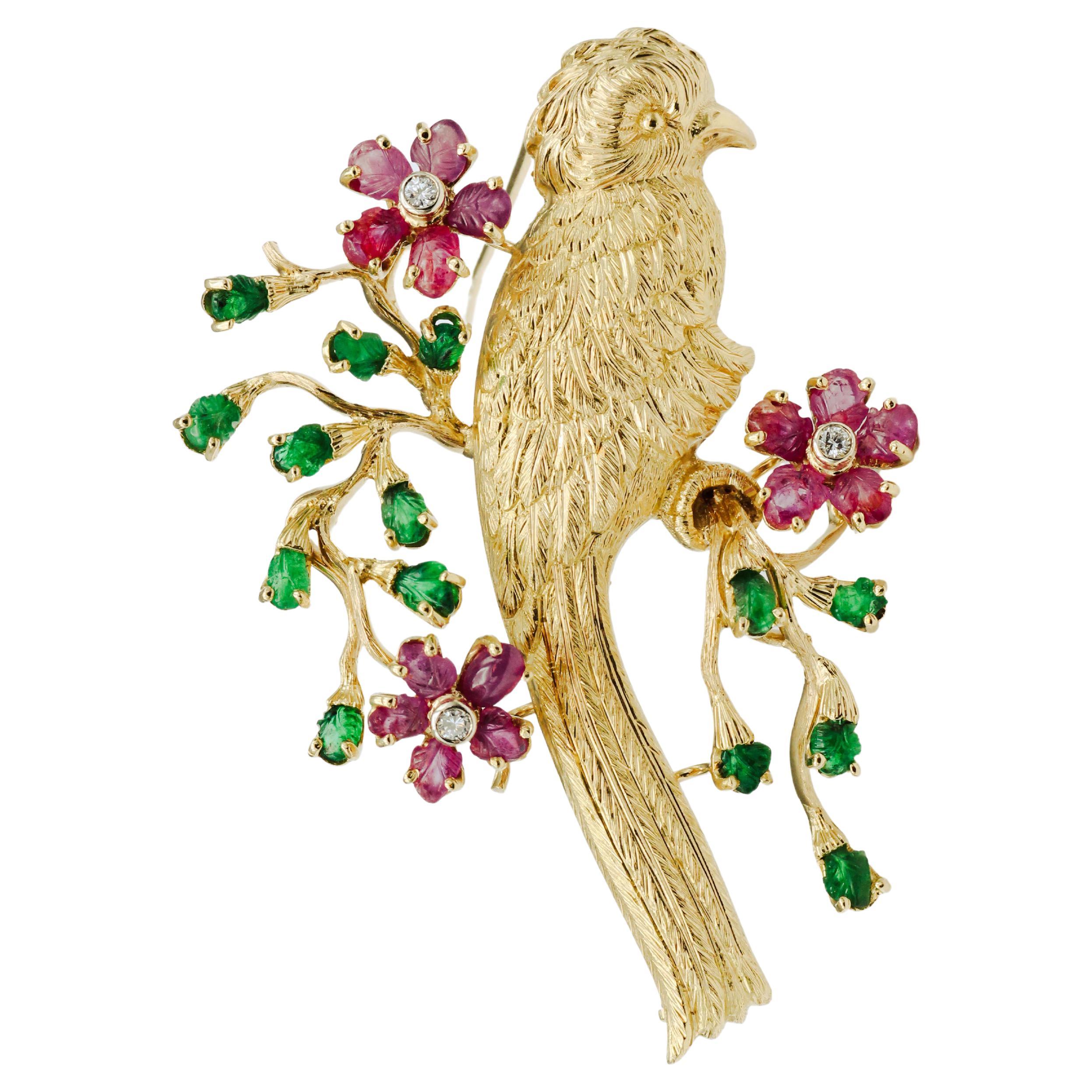 Buccellati Emerald, Diamond and Gold Bird Brooch at 1stDibs
