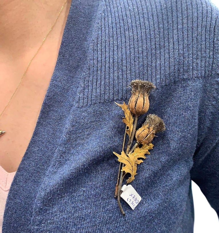 Mario Buccellati Patina Thistle Pin Leaves 18k Yellow Gold and Silver ...