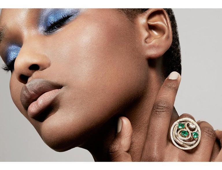 Tourbillon Ring in 18K White Gold Set With Emeralds and Diamonds For ...