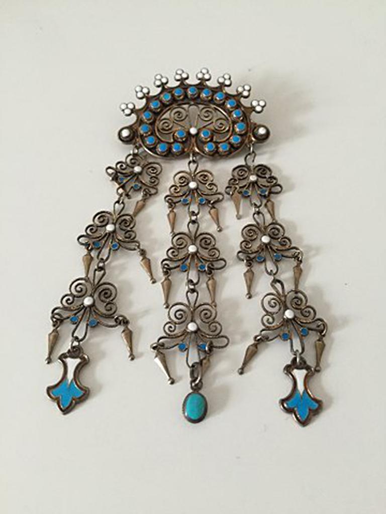 Marius Hammer Art Nouveau Sterling Silver Brooch with Enamel, Norway ...