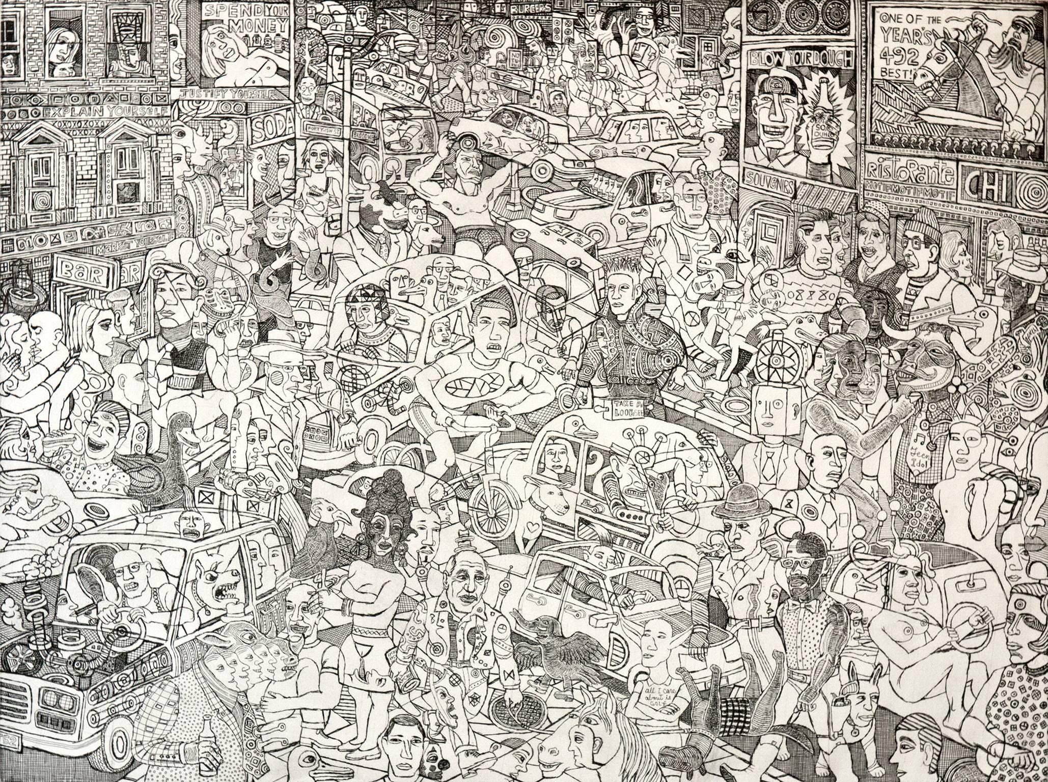 Mark Alan Stamaty - "Crossroads", urban landscape line etching print ...