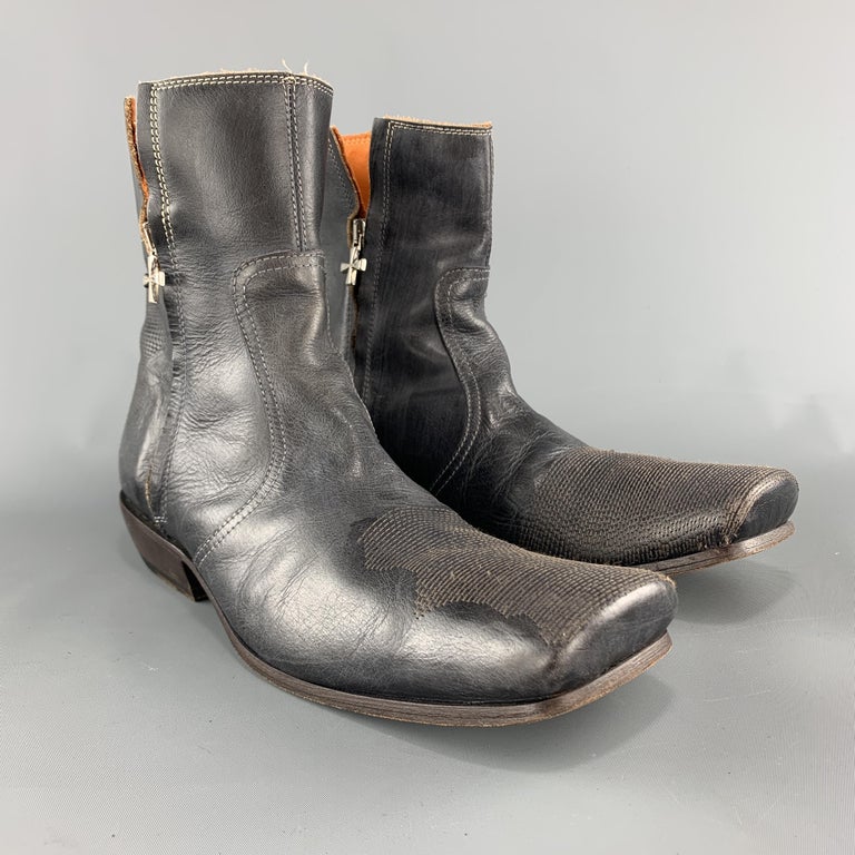 MARK NASON Size 9 Slate Embroidered Leather Square Toe Zip Ankle Boots ...