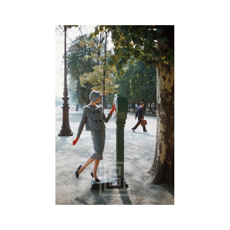 Mark Shaw - Model in Pierre Cardin Suit on Scale in Tuilleries, 1957 ...