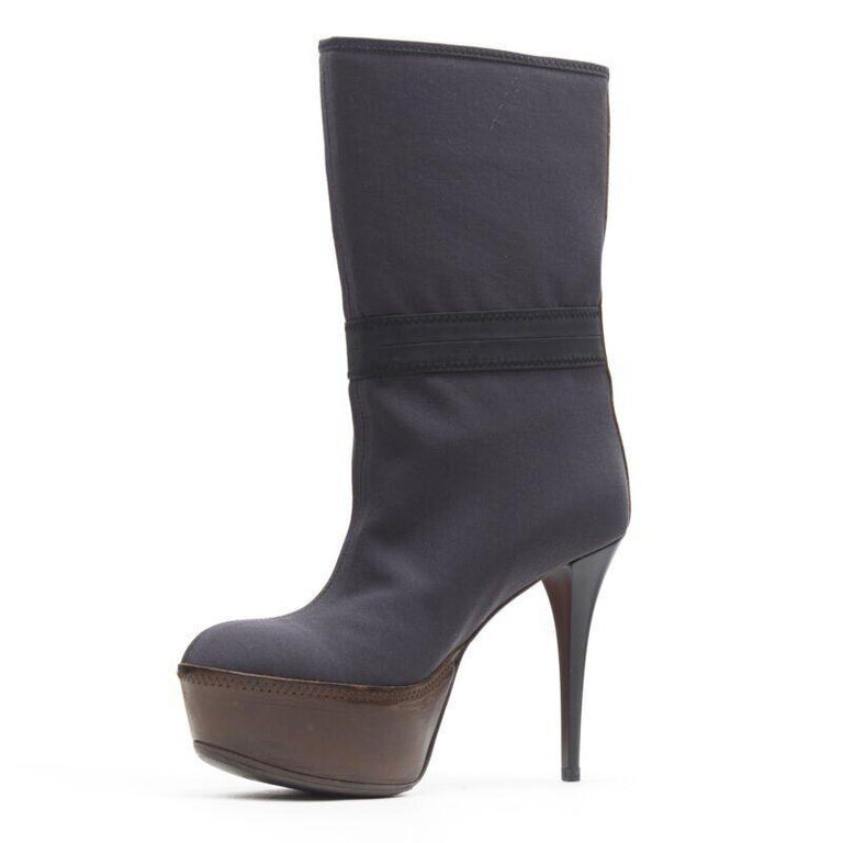 MARNI grey fabric upper brown leather platform round toe high heel boot ...