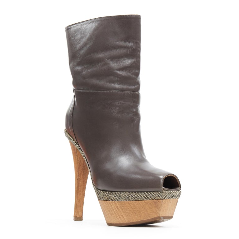 MARNI grey leather upper stacked wooden platform peep toe bootie heel ...