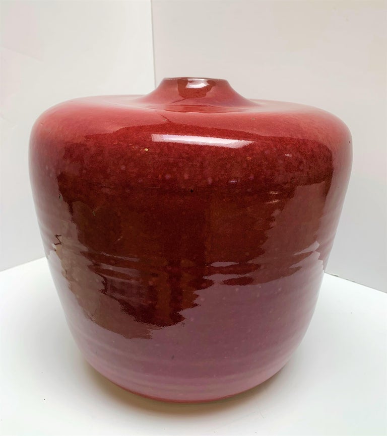 Maroon Glazed Ceramic Vessel Signed by Artist For Sale at 1stDibs