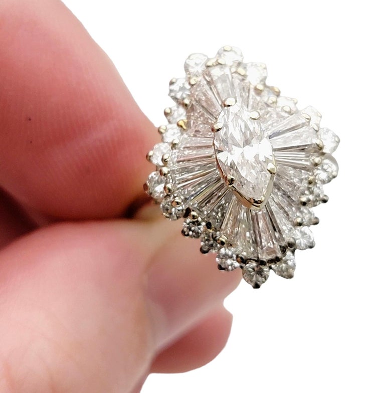 Marquise and Baguette Diamond Halo Ballerina Ring in 14 Karat White ...