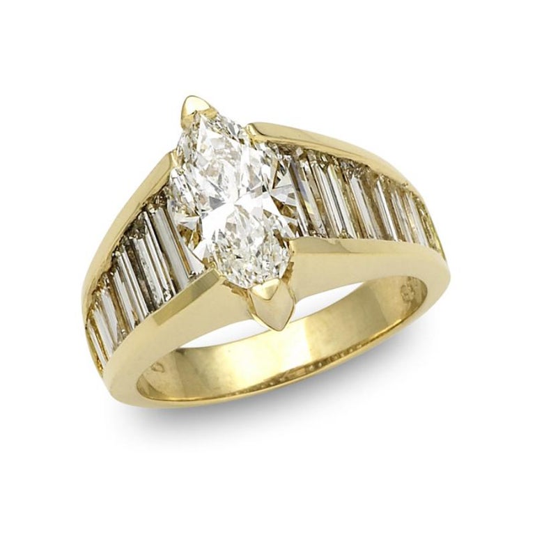 Marquise and Baguette Diamond Ring, 14 Karat Gold, Ben Dannie For Sale ...
