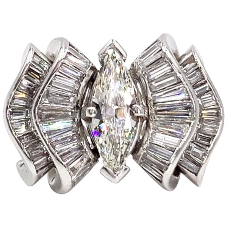 Marquise and Baguette Platinum Modern Diamond Ring For Sale at 1stDibs