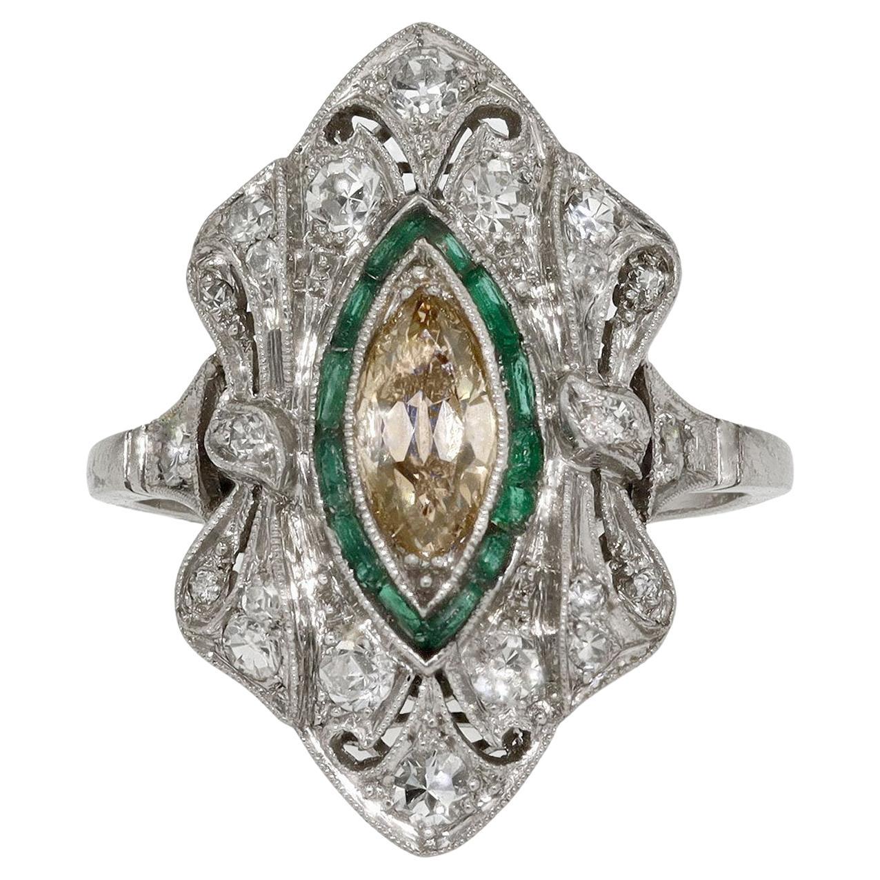 Marquise Champagne Diamond Art Deco Filigree Engagement Ring For Sale ...