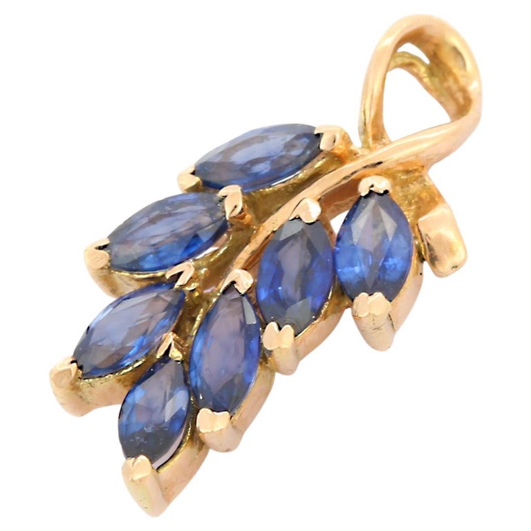 Marquise Cut Leaf Shape Blue Sapphire Charm Pendant in 14K Solid Yellow ...
