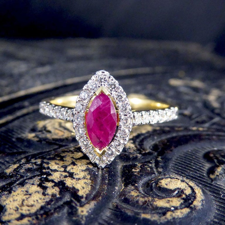 Marquise Ruby and Diamond Halo Cluster Ring and Diamond Shoulders in ...