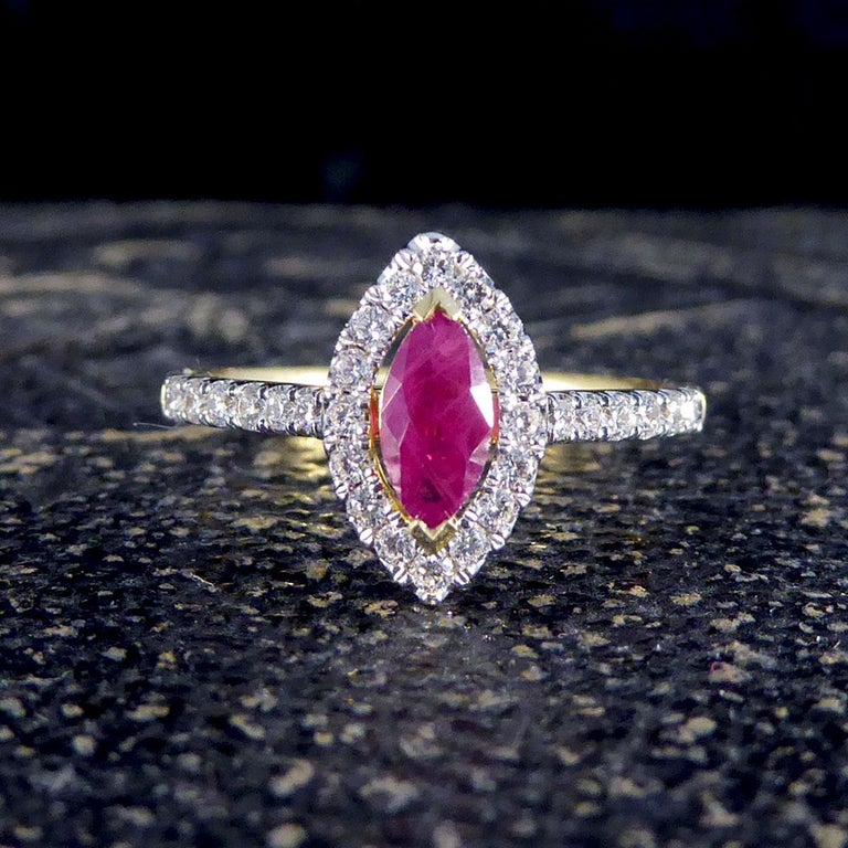 Marquise Ruby and Diamond Halo Cluster Ring and Diamond Shoulders in 18ct Gold For Sale at 1stDibs