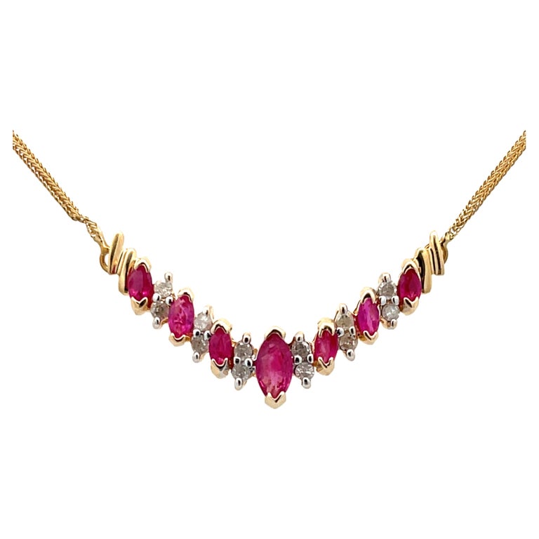 Marquise Ruby and Diamond Necklace in 14k Yellow Gold For Sale at 1stDibs