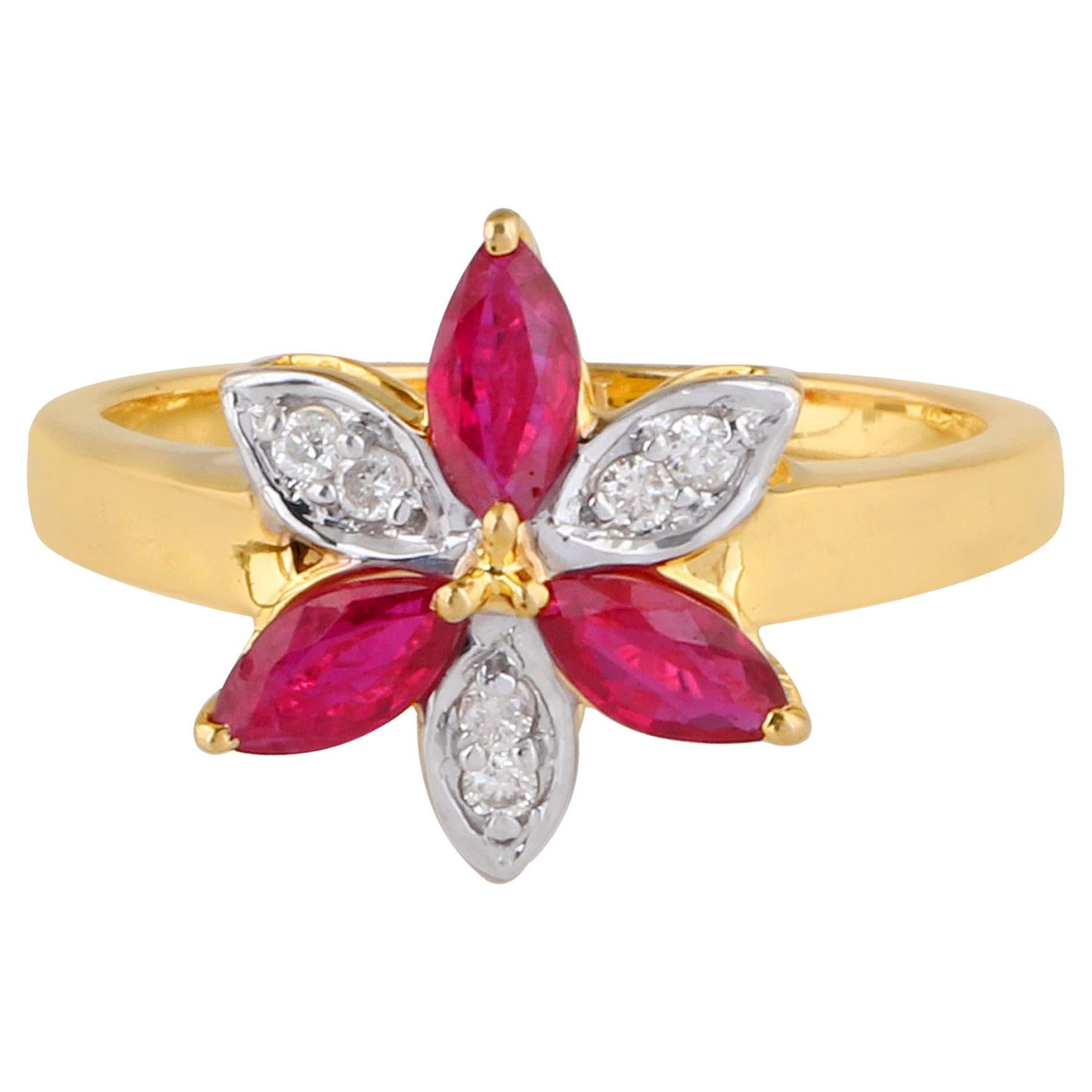 Diamond Ruby Two Flower Yellow Gold Ring For Sale at 1stDibs