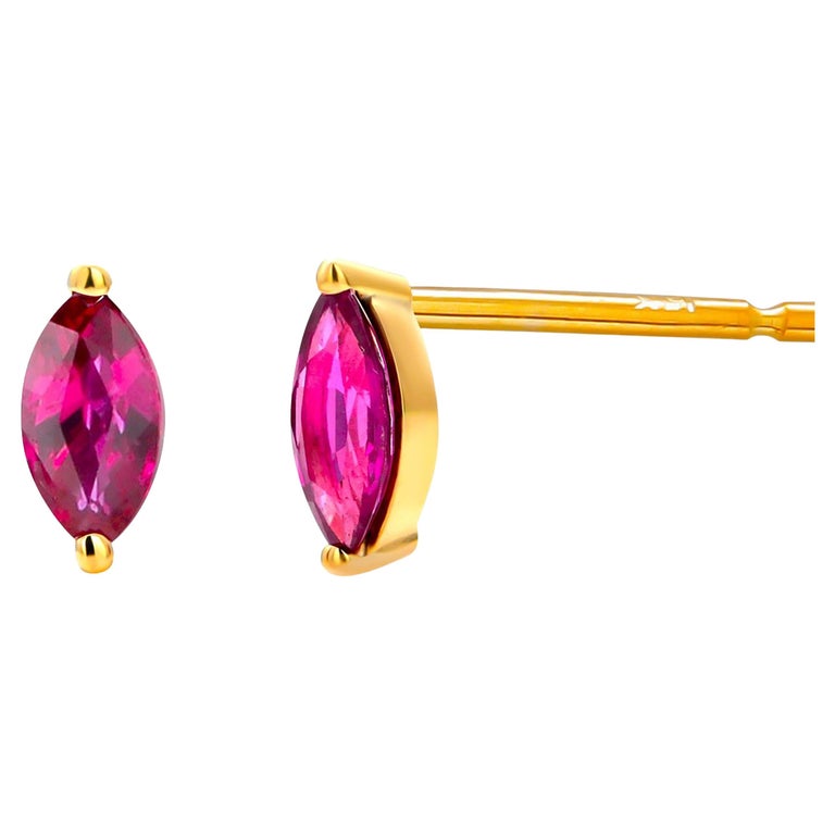 Marquise Shaped Ruby Yellow Gold Mini Stud Earrings Second or Third Hole For Sale at 1stDibs