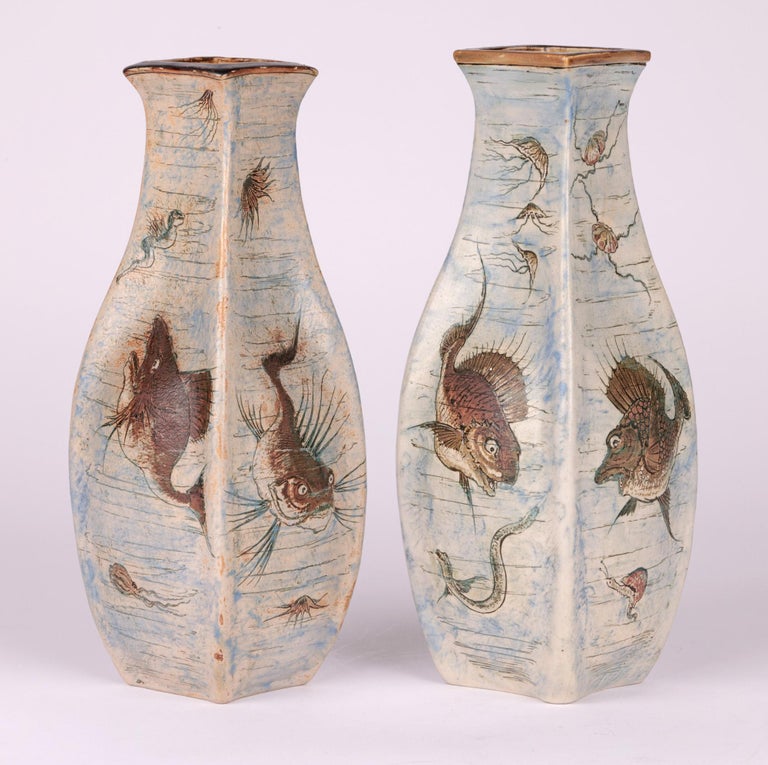 Martin Brothers Pair Stoneware Aquatic Vases 1899 For Sale at 1stDibs