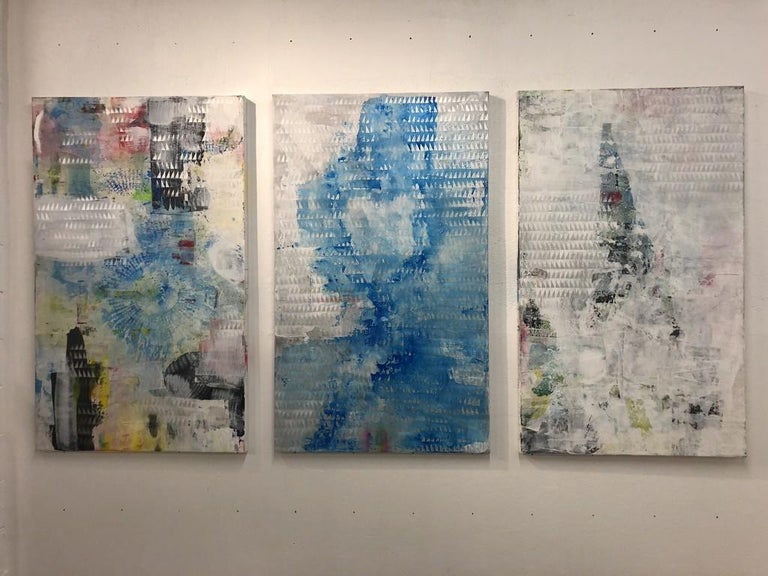 Martin Durazo – Triptychon ( Swimming with Sharks), klein, abstrakt, Triptychon, blau, grau ...