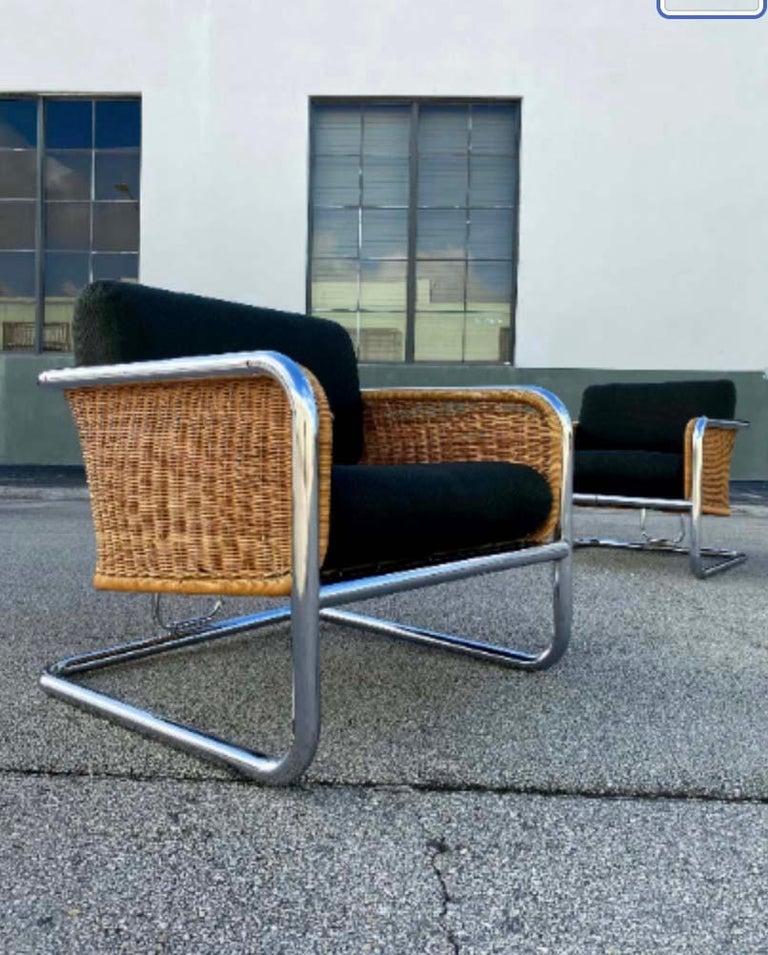 Martin Visser Wicker and Chrome Cantilever Lounge Chair For Sale at 1stDibs