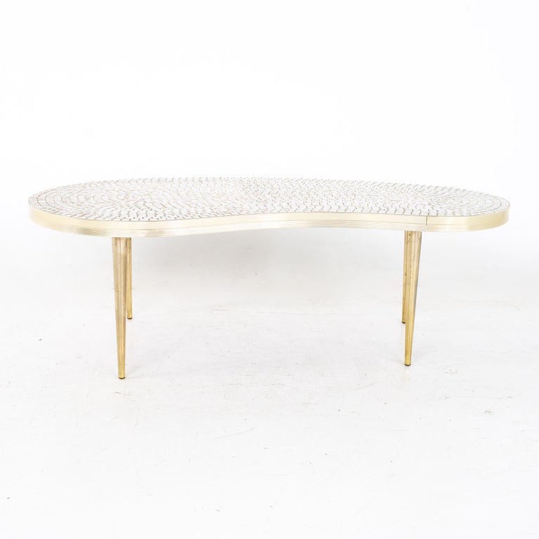 Martz Style Mid Century Mosaic and Brass Kidney Coffee Table at 1stDibs