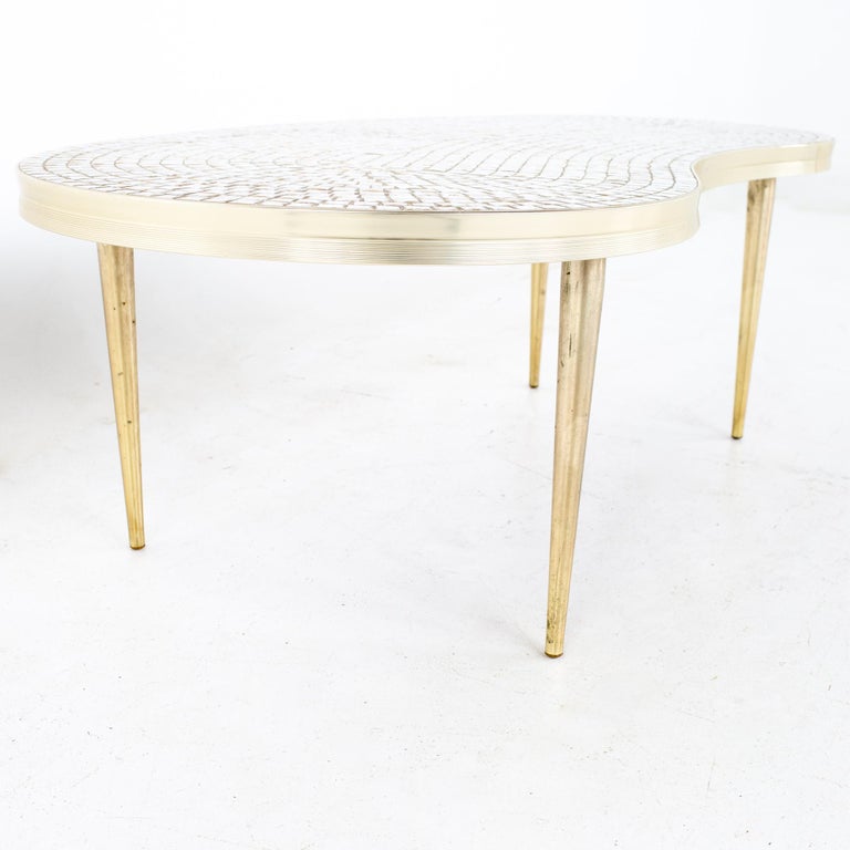 Martz Style Mid Century Mosaic and Brass Kidney Coffee Table at 1stDibs