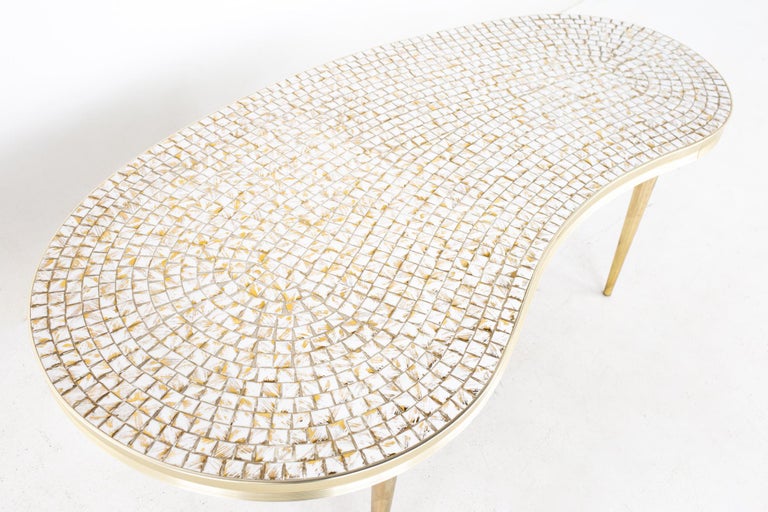 Martz Style Mid Century Mosaic and Brass Kidney Coffee Table at 1stDibs