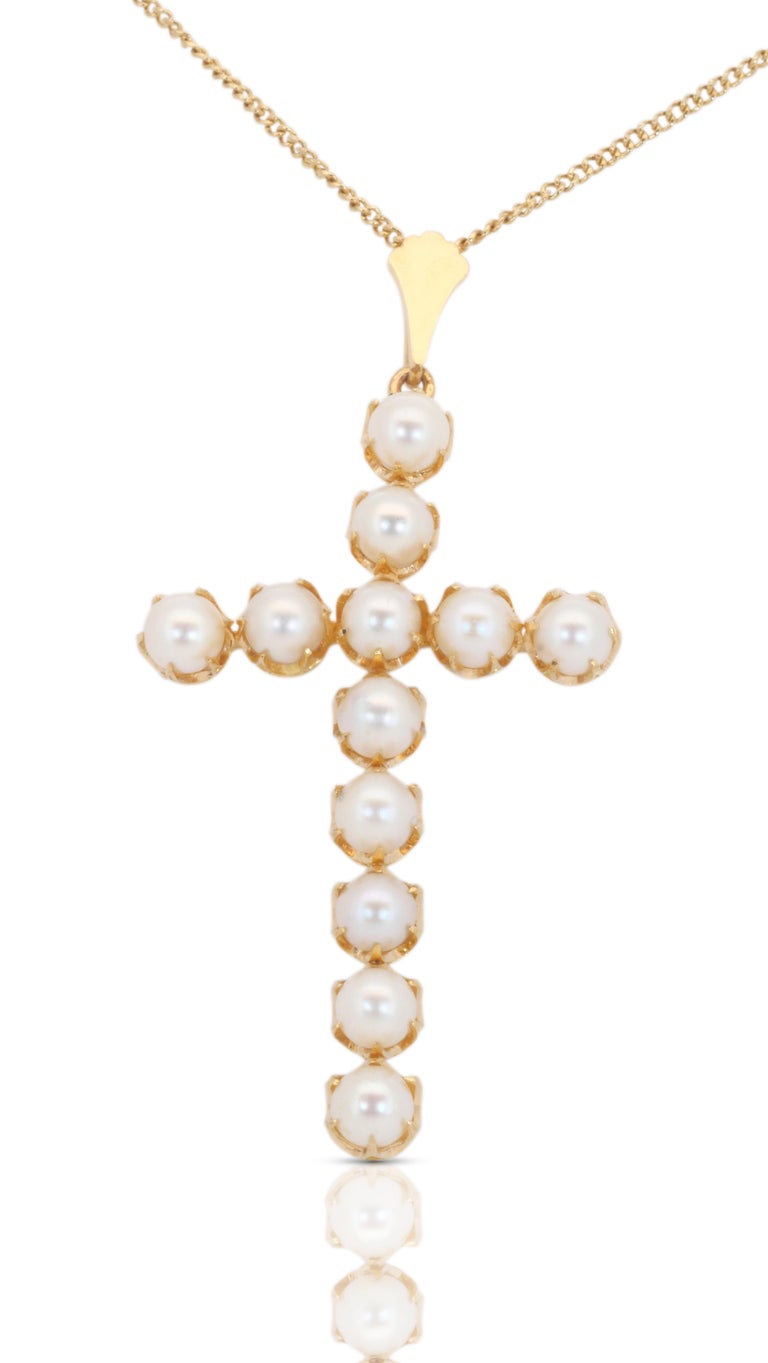 Marvelous 18k Yellow Gold Cross Necklace W/ Pendant .02 Carat Natural ...