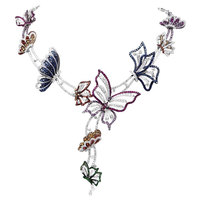 Marvelous Butterfly Diamond Multicolor Sapphire 18K White Gold Rainbow ...