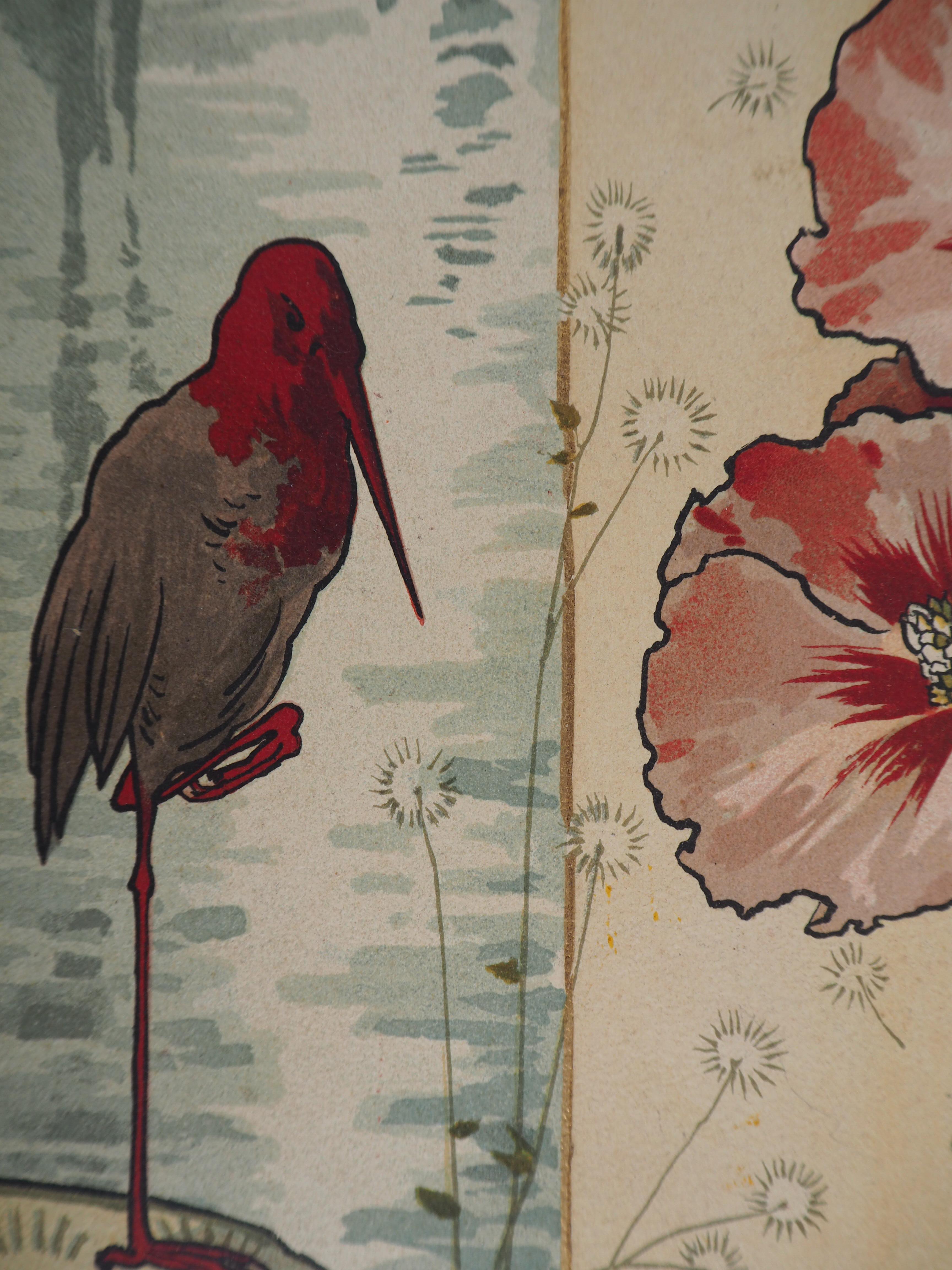 Mary Golay - Hollyhock and Wader at Sunset - Original lithograph at 1stDibs