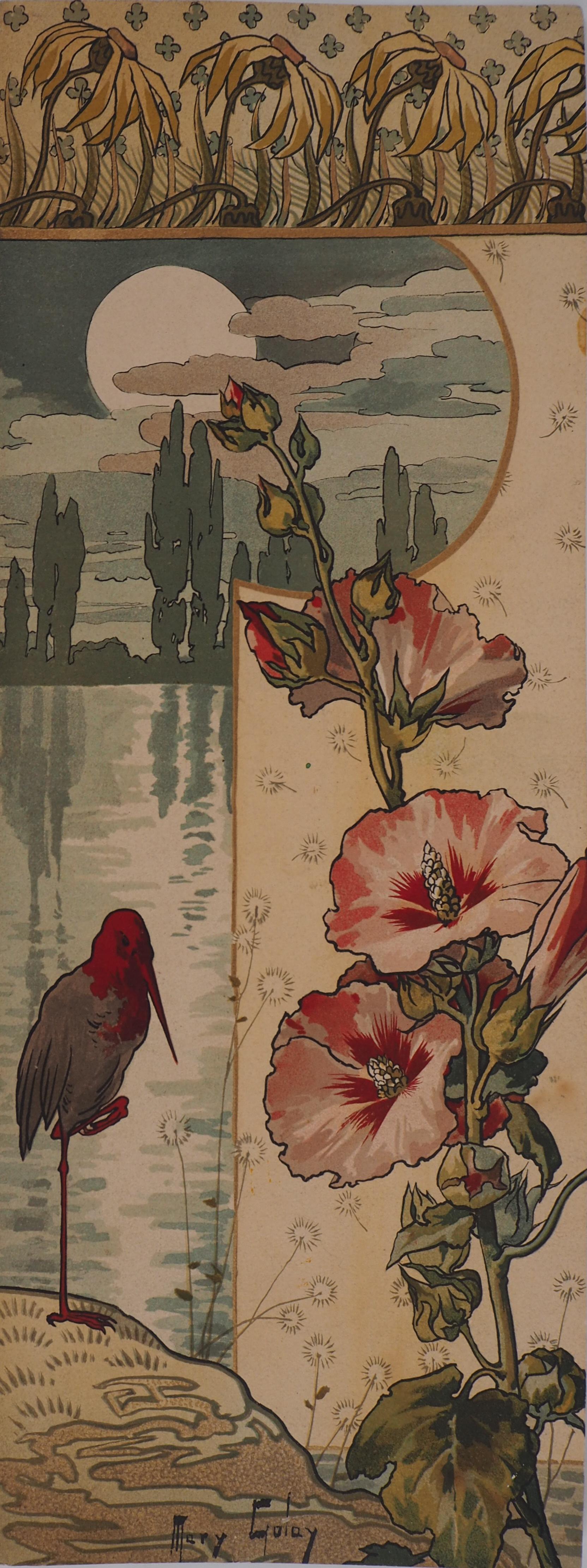 Mary Golay - Hollyhock and Wader at Sunset - Original lithograph at 1stDibs