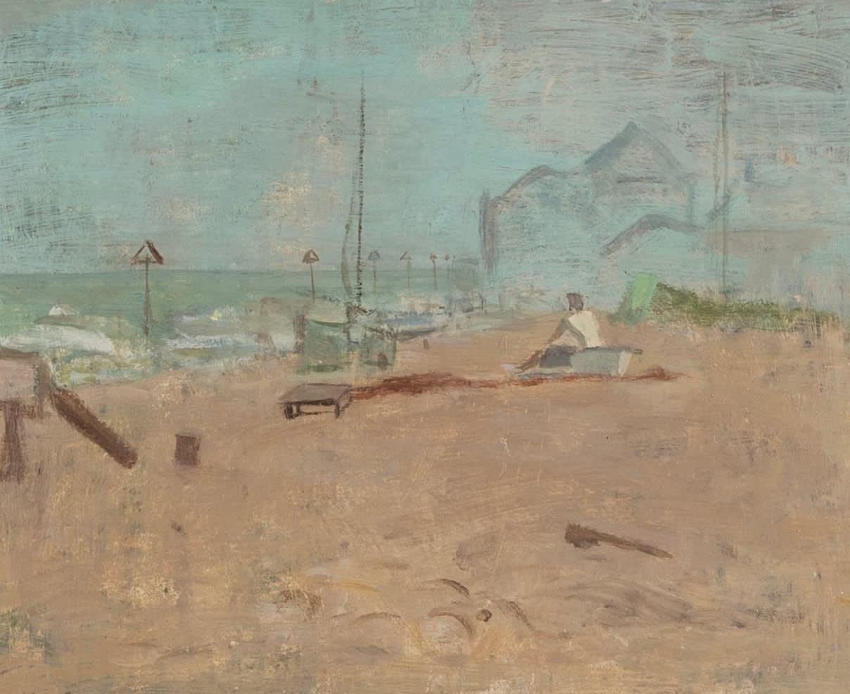 Mary Potter - Beach Scene with Seated Figure, Oil on Panel Painting ...