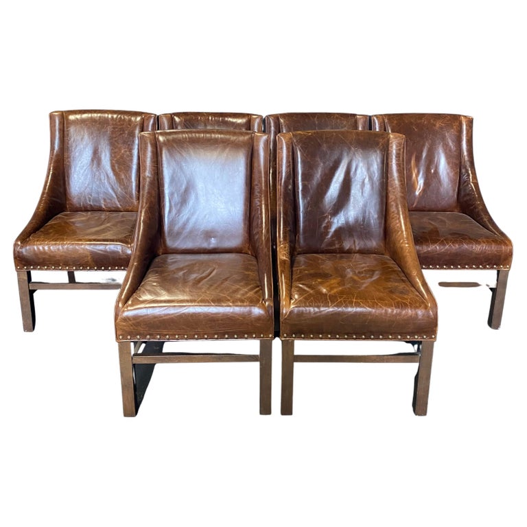 Masculine Set of 6 Rich Brown Leather Sidechairs or Dining Chairs at ...