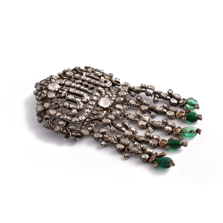 Mashallah Antique Rose Cut Diamond and Emerald Stomacher Brooch For ...